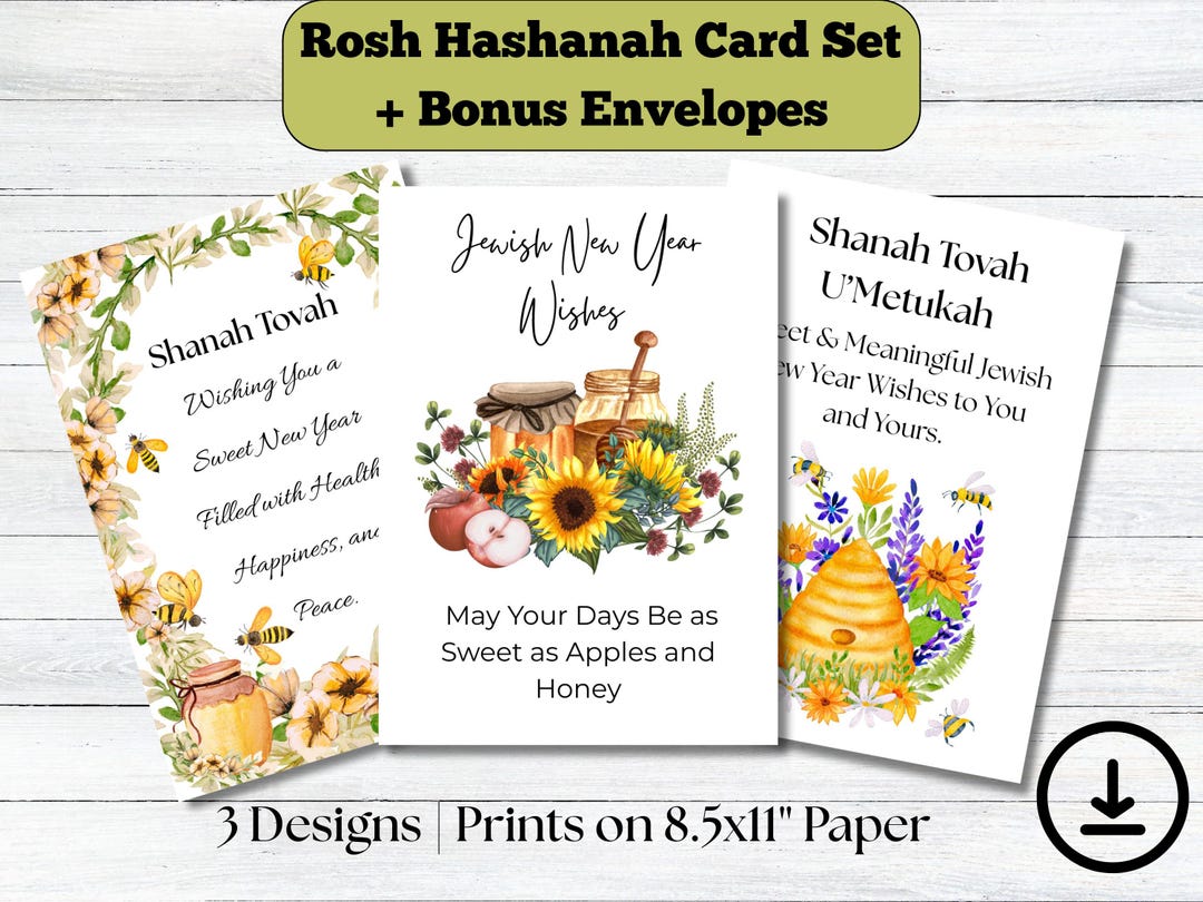 Rustic Rosh Hashanah Card Set of 3 Printable Jewish New Year Greeting ...