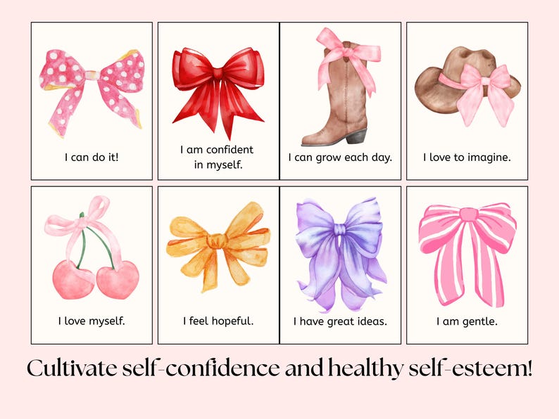 Coquette Affirmation Cards for Kids, 40 Printable Flash Cards With ...