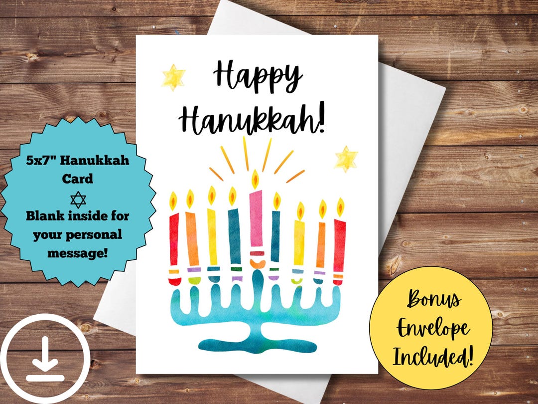 Hanukkah Card Printable With Teal Menorah Rainbow Candles & Yellow ...