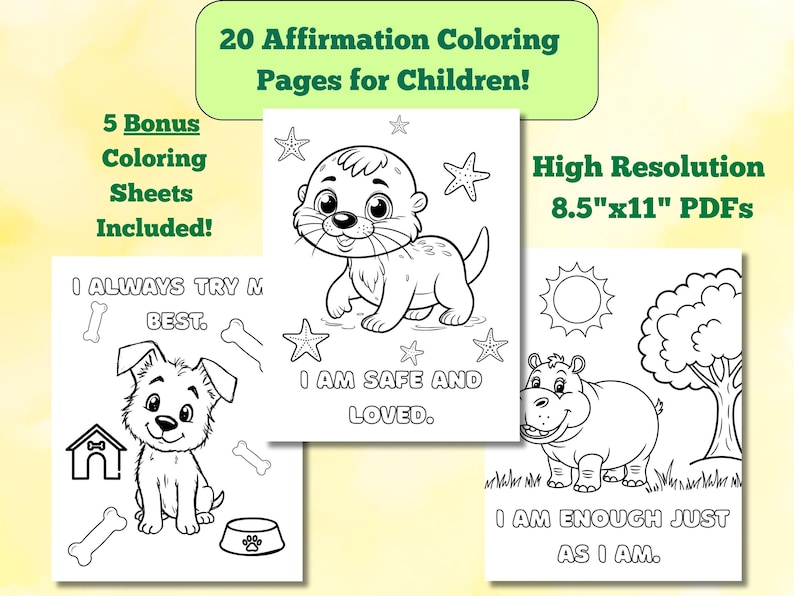 Affirmation Coloring Pages Kids Printable 20 Mindful Animal Pages + 5 ...