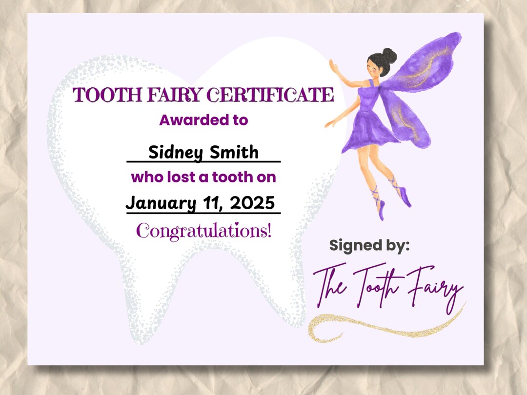 Lavender Tooth Fairy Certificate First Lost Tooth Award PDF Download ...