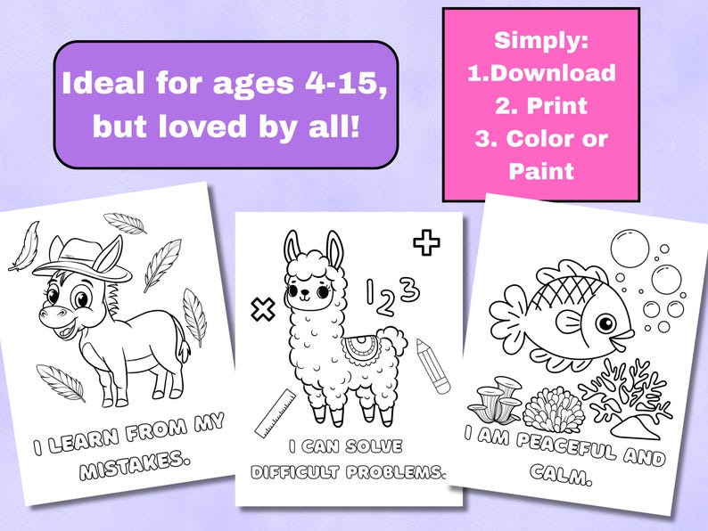 Affirmation Coloring Pages Kids Printable 20 Mindful Animal Pages + 5 ...