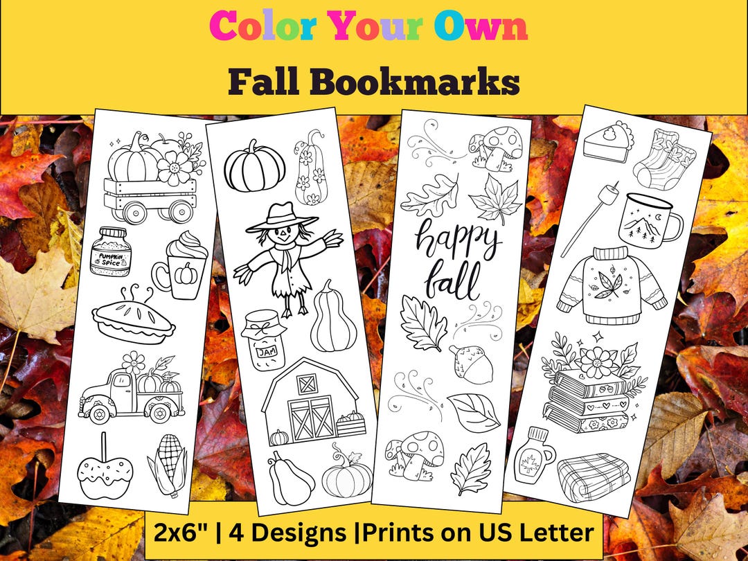 Fall Coloring Bookmarks Printable With Autumn Pumpkins Acorns DIY 2x6 ...