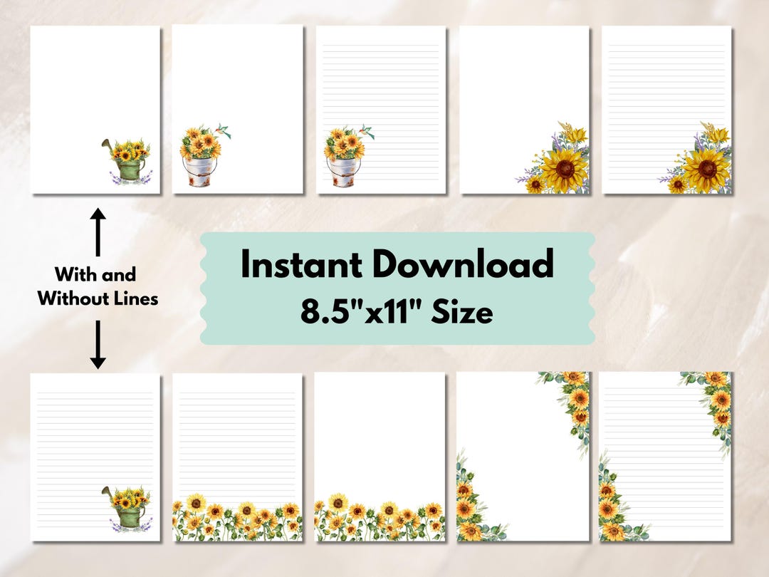 Notepad Paper With Sunflower Printable Floral Stationery Kit PDF Letter ...
