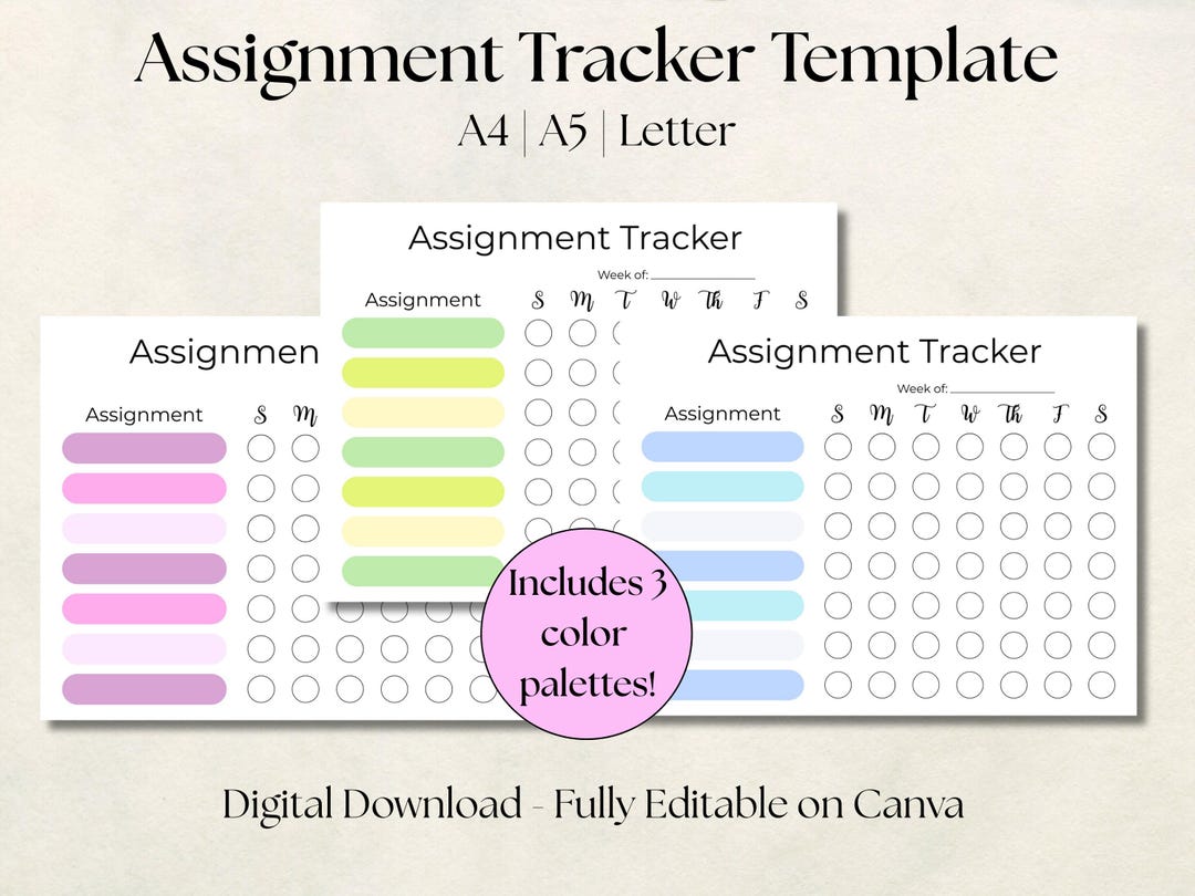 Editable Assignment Tracker, Canva Template in Pink, Green & Blue ...