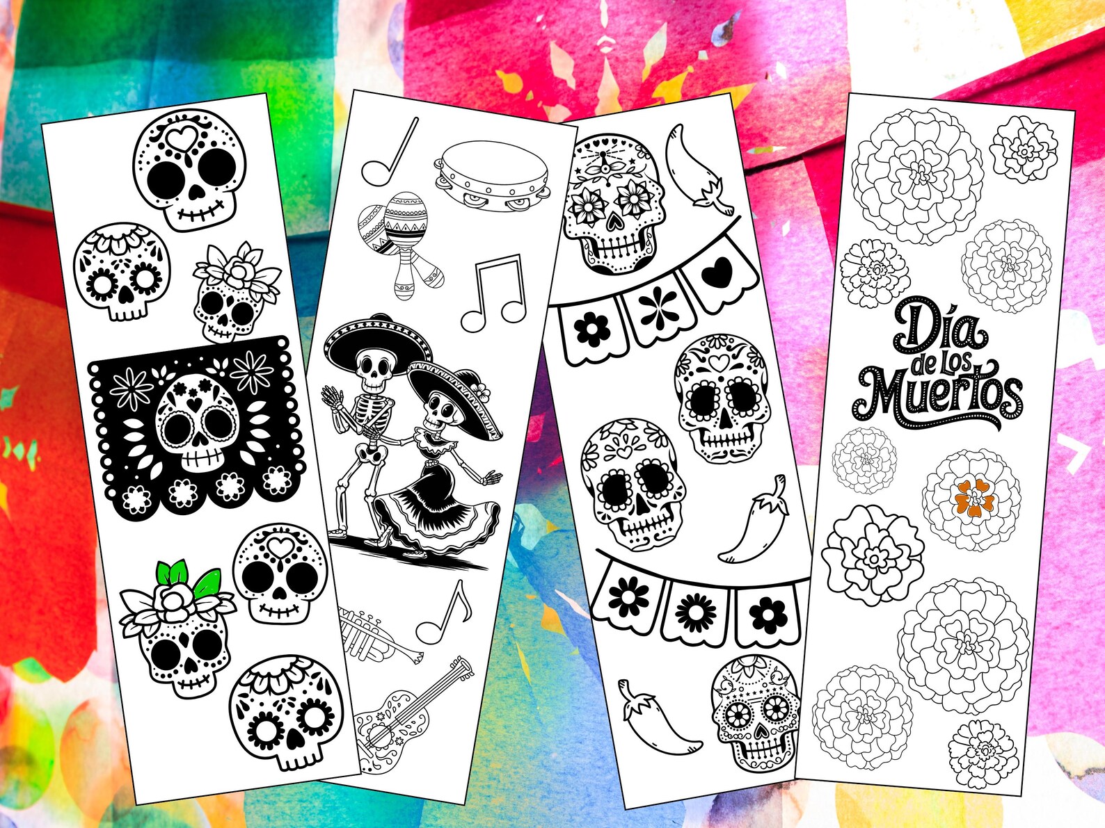 Día De Los Muertos Coloring Bookmarks Printable Mexican Skull ...