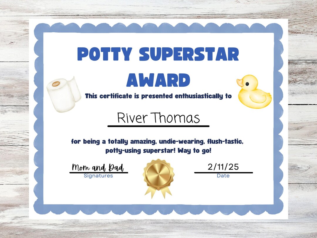 Potty Training Award Certificate Printable Blue Border for Boy Toddler ...