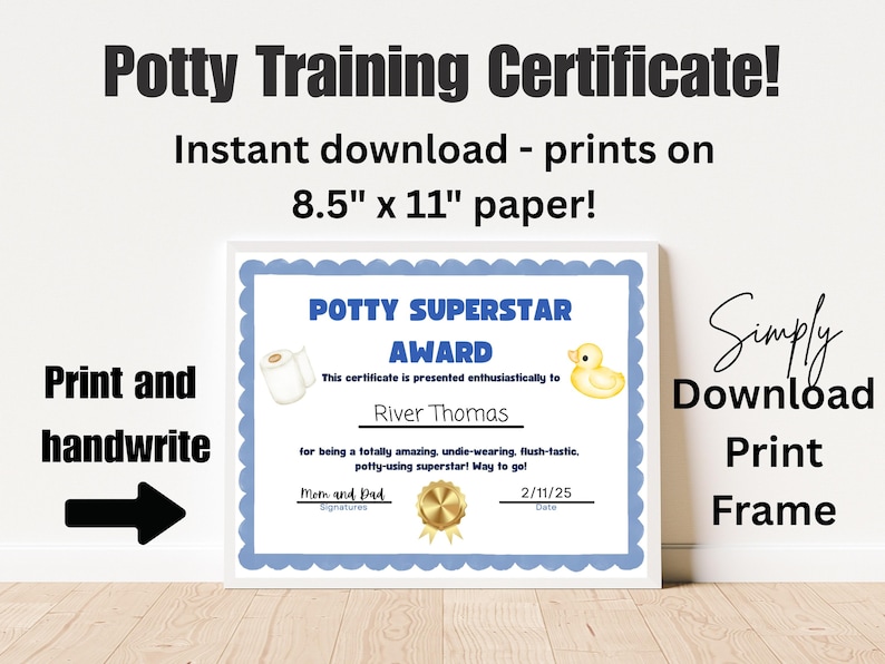 Toilet Training Certificate PDF for Kids Blue Award Digital Download ...