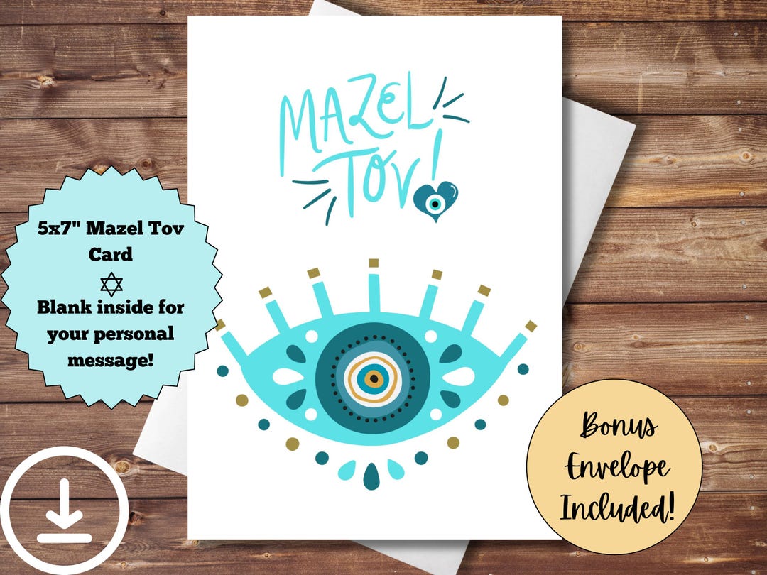 Mazel Tov Card Printable With Envelope Turquoise Evil Eye Design Jewish ...