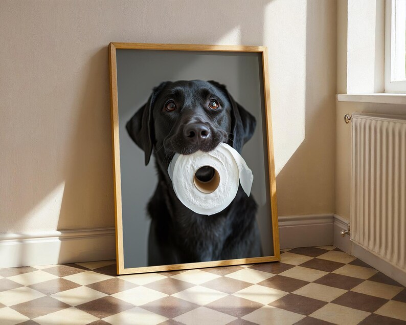 Black Labrador Holding Toilet Paper – Funny Dog Bathroom Wall Art, Cute ...