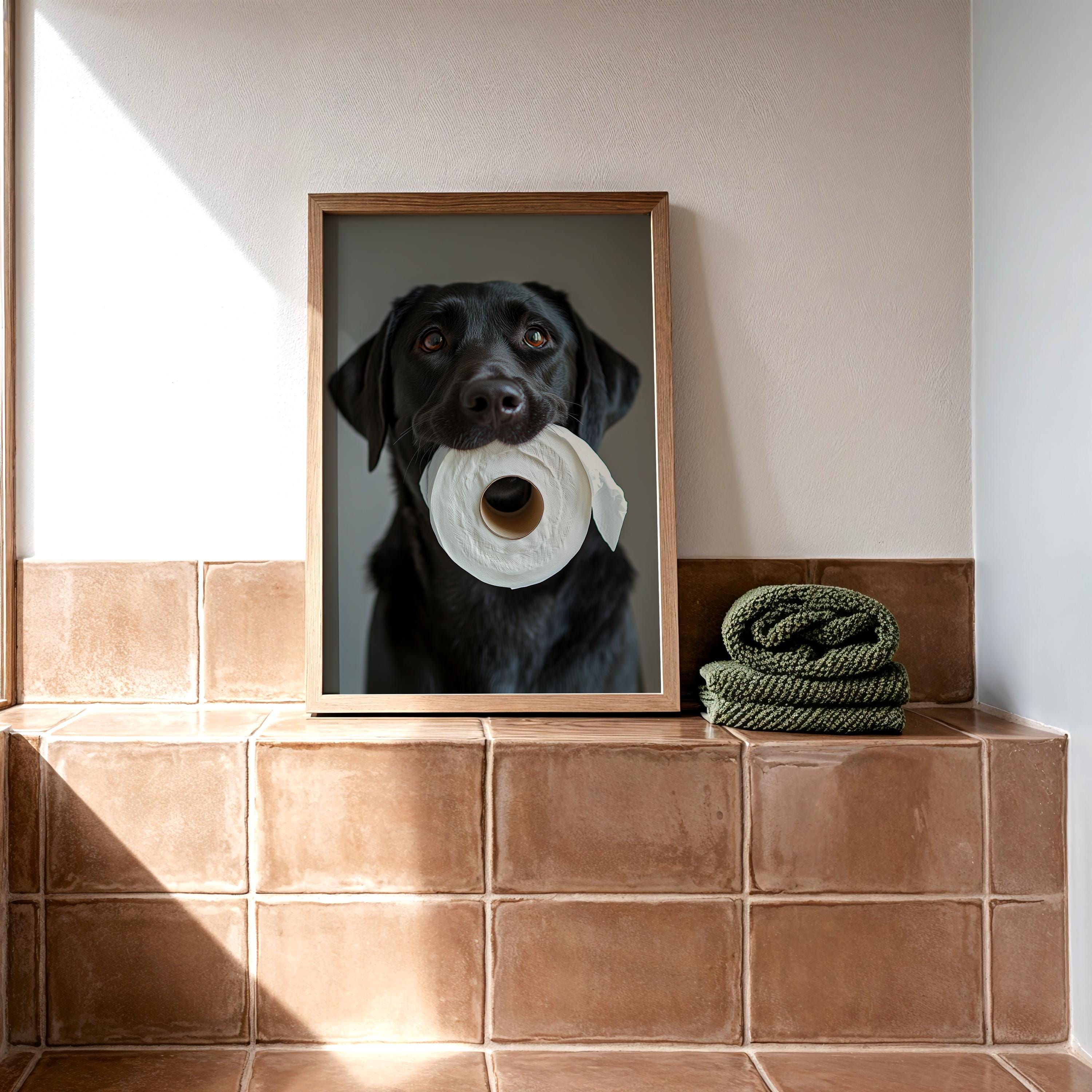 Black Labrador Holding Toilet Paper – Funny Dog Bathroom Wall Art, Cute ...