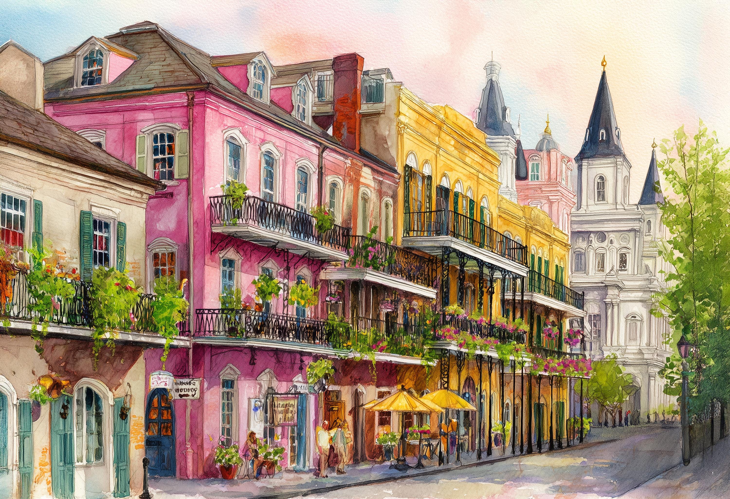 New Orleans French Quarter Watercolor Print – Colorful Balcony Street ...