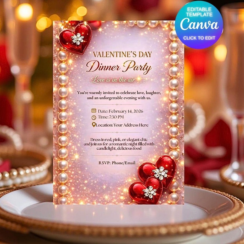Valentine’s Day Dinner Party Invitation,romantic Red & Gold Canva ...