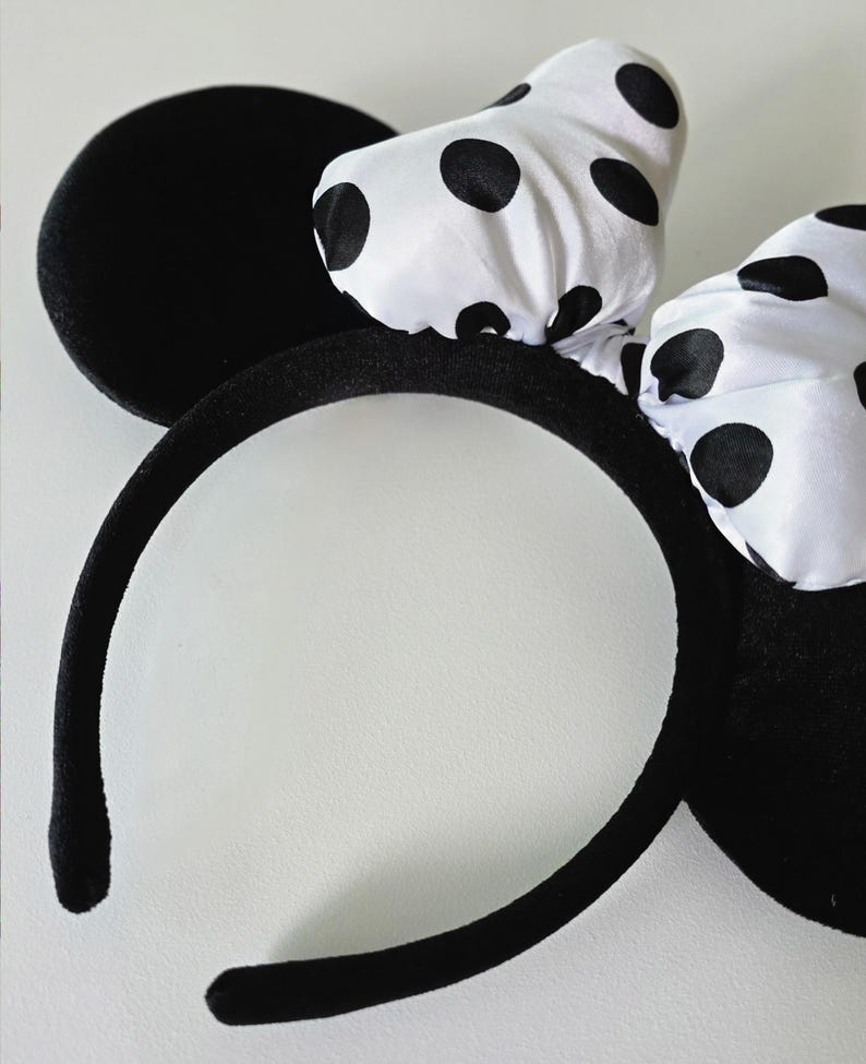 Black Velvet Mouse Ears With White With Black Polka Dot Bow | Classic ...