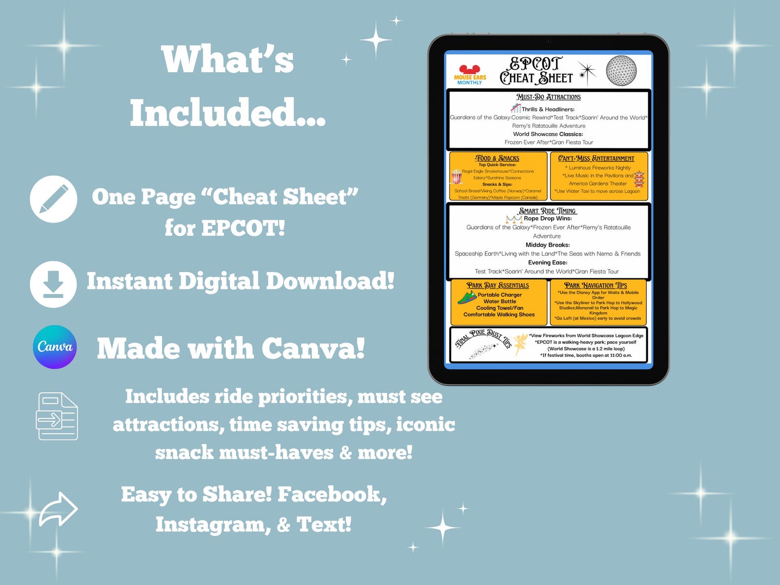 EPCOT Cheat Sheet: Disneyworld Planner & Itinerary (instant Download) - Etsy
