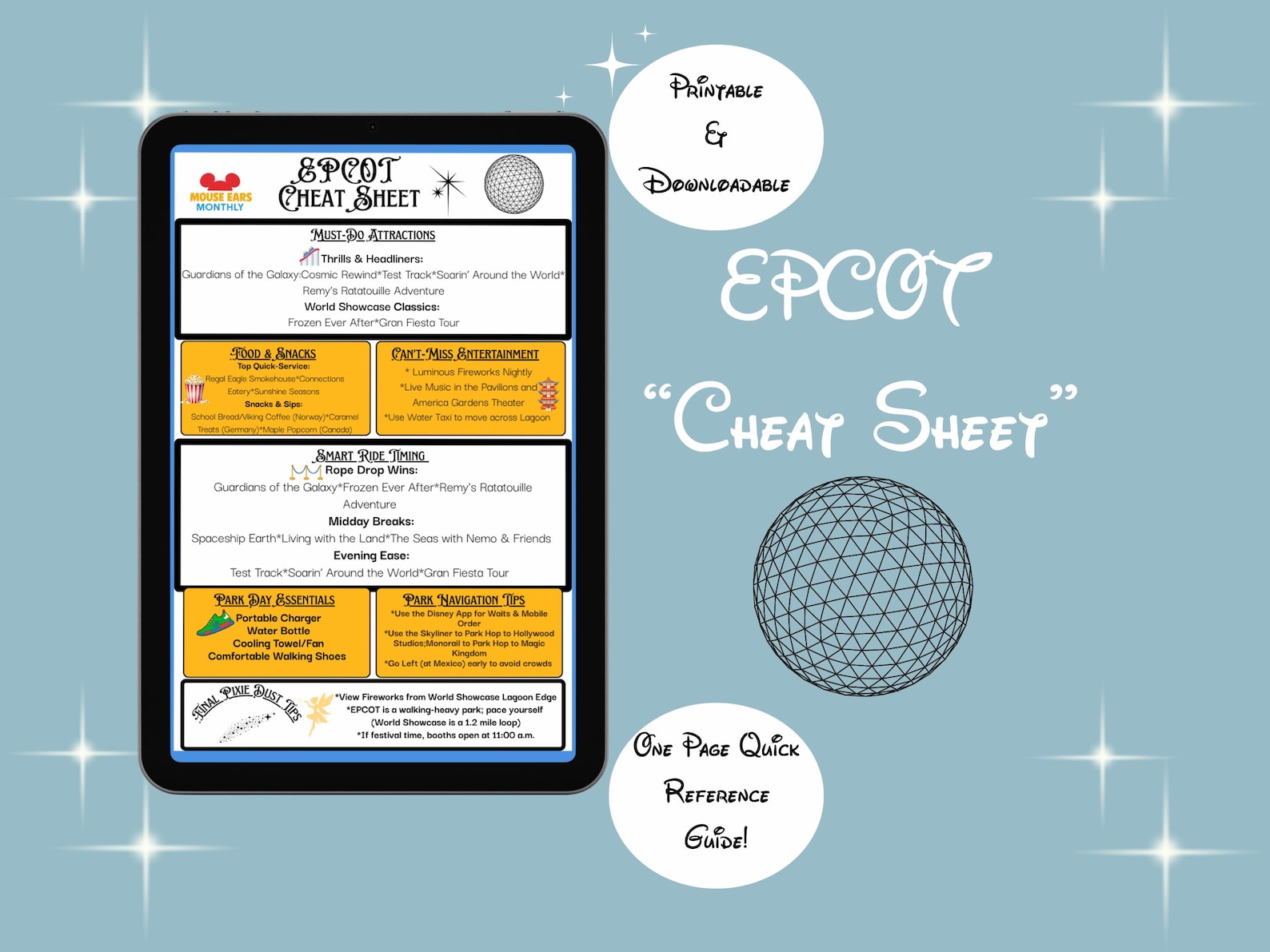 EPCOT Cheat Sheet: Disneyworld Planner & Itinerary (instant Download) - Etsy
