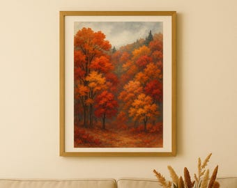 Misty Autumn Forest Poster – Red & Gold Foliage (A3/A4 Download) - Etsy