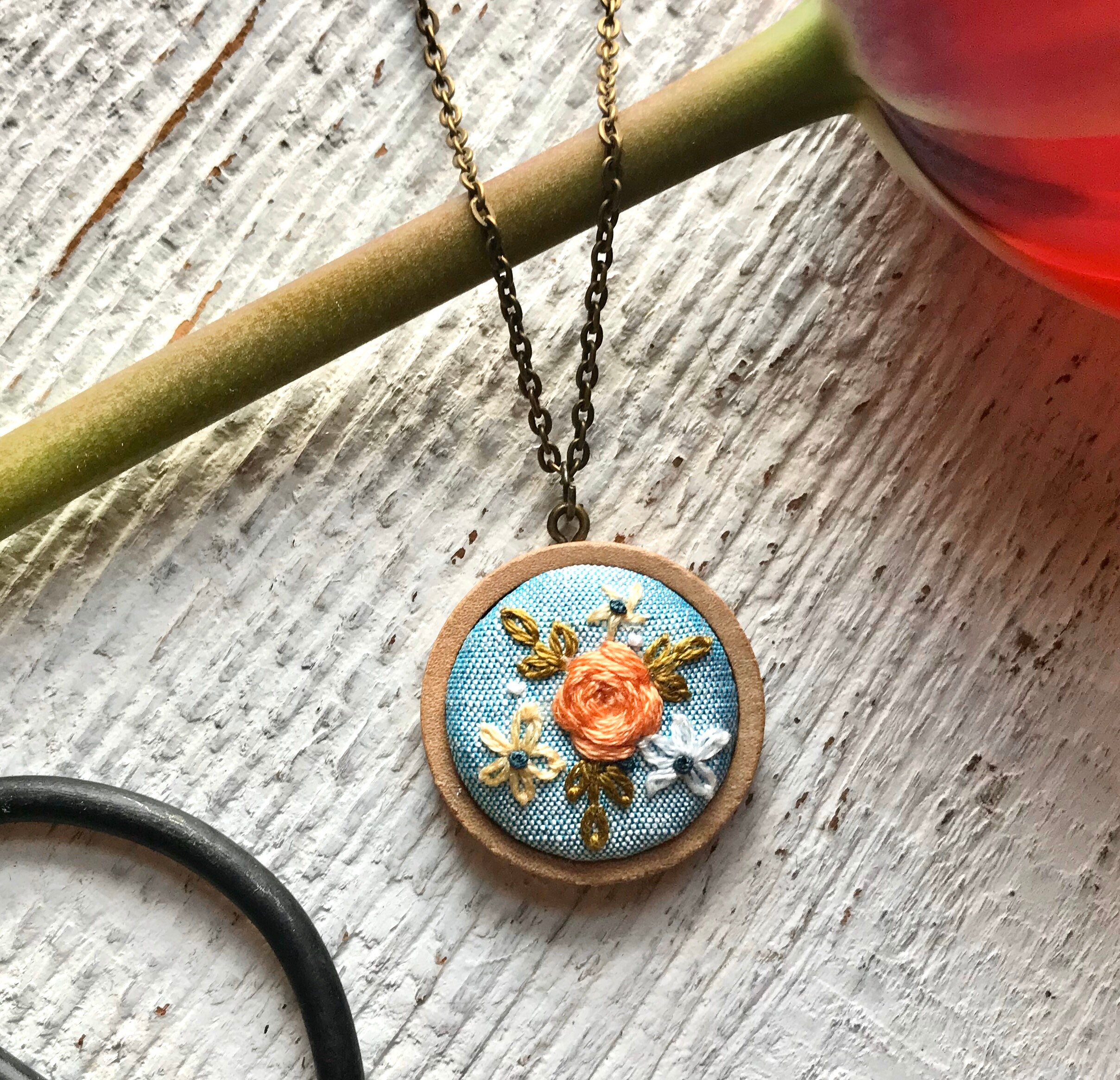 Hand Embroidered Flower Pendant Necklace | Etsy