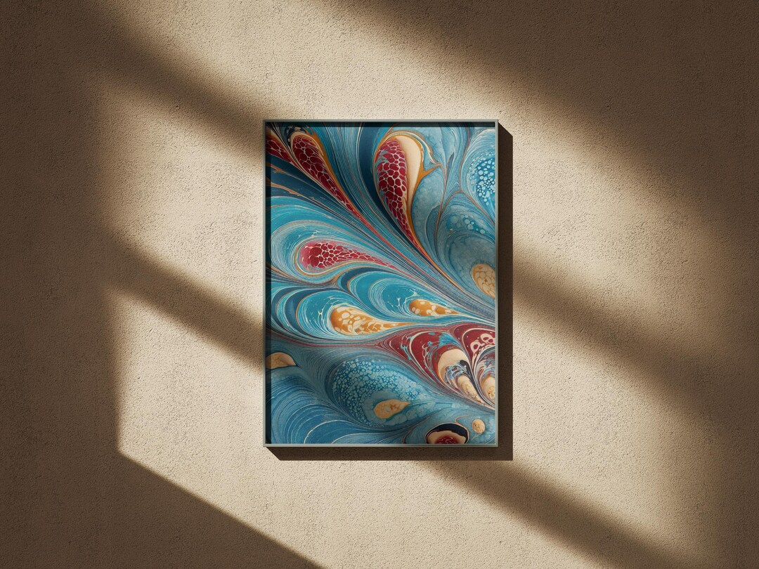 Turkish Ebru Inspired Art Print, Abstract Teal Yellow Red Wall ...