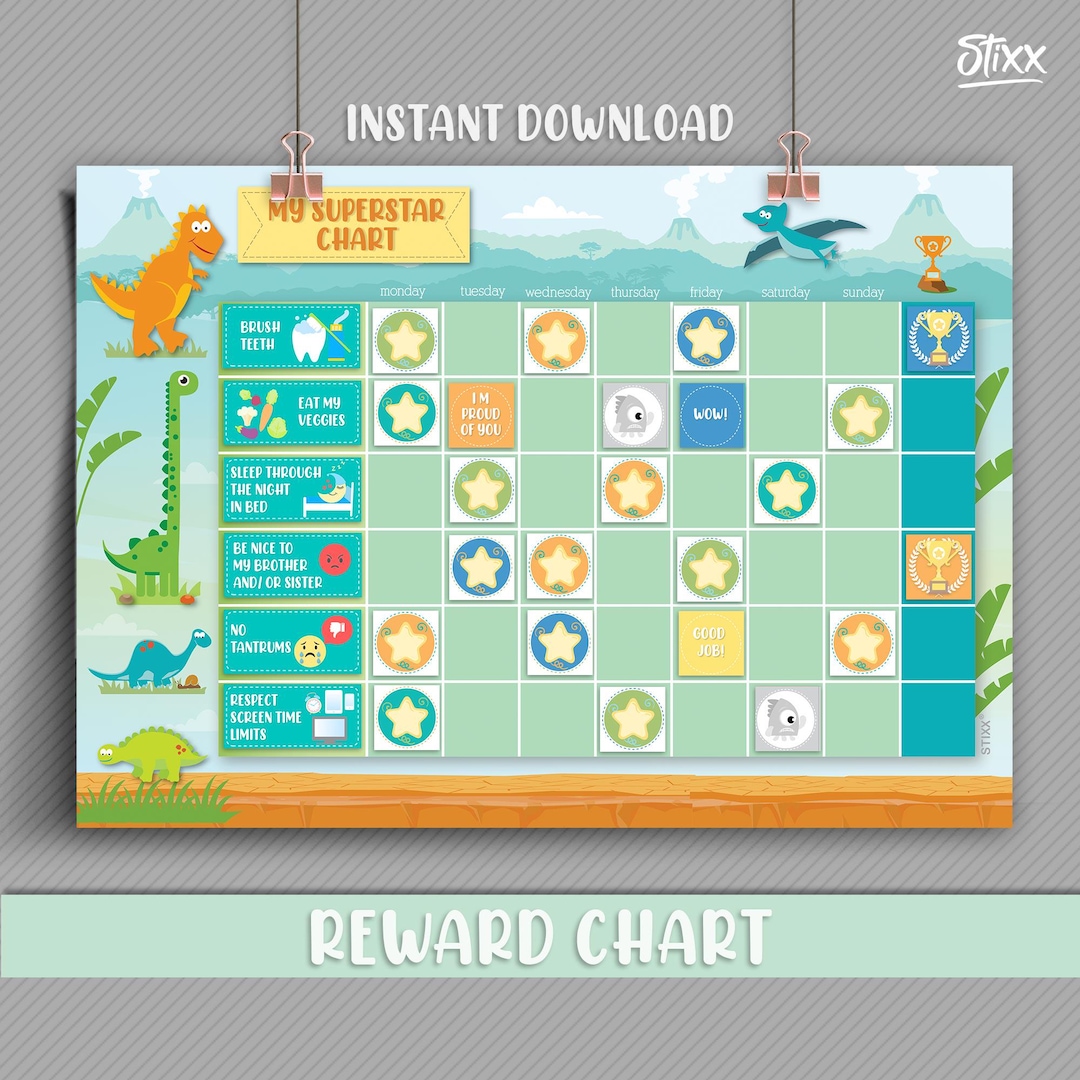 Printable Behavior Reward Chart Kids Routine Chart DINOSAUR Theme ...
