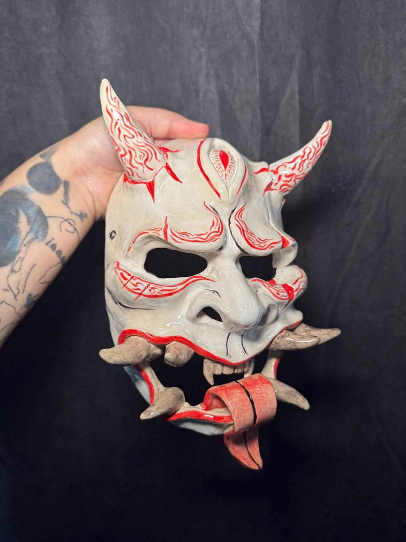 Decorative Wall Mask Oni Samurai Japanese Style Ceramic Hand Painted ...