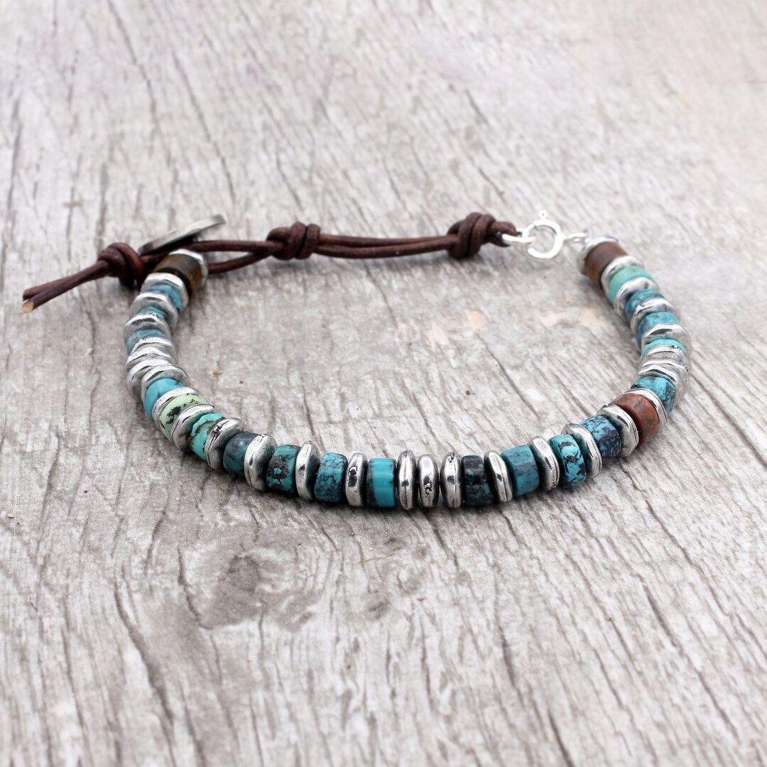 Rustic Turquoise and Leather Bracelet for Men - Etsy