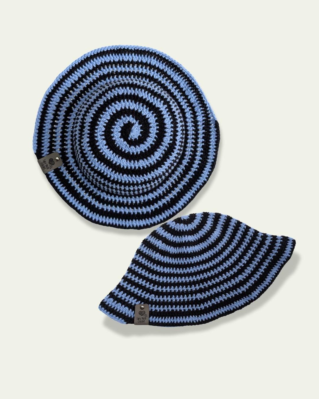 Crochet Spiral Bucket Hat | Black & Light Blue | Handmade Summer Hat ...