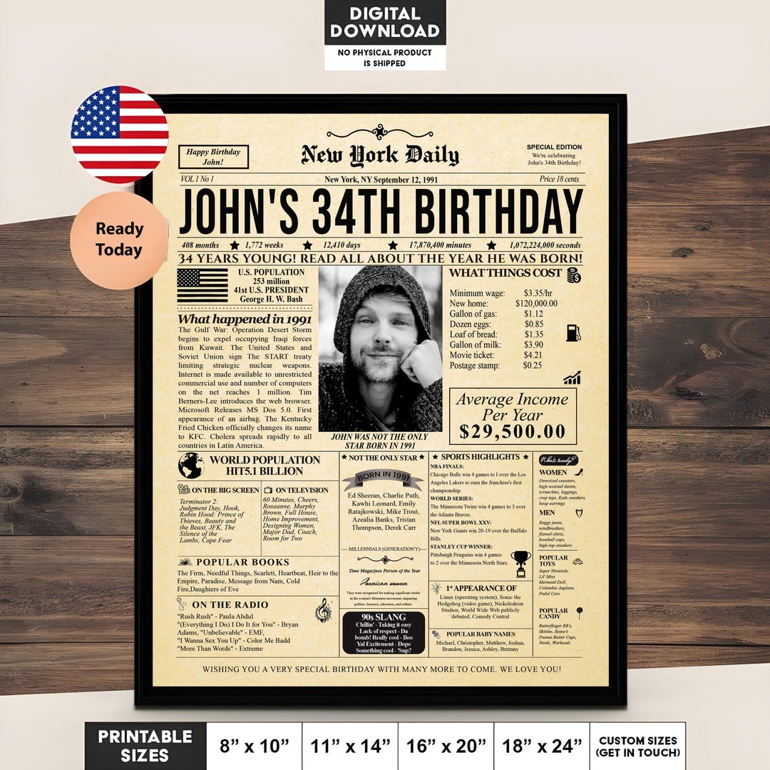 34th Birthday Headline Poster | Custom Digital Newspaper Print ...