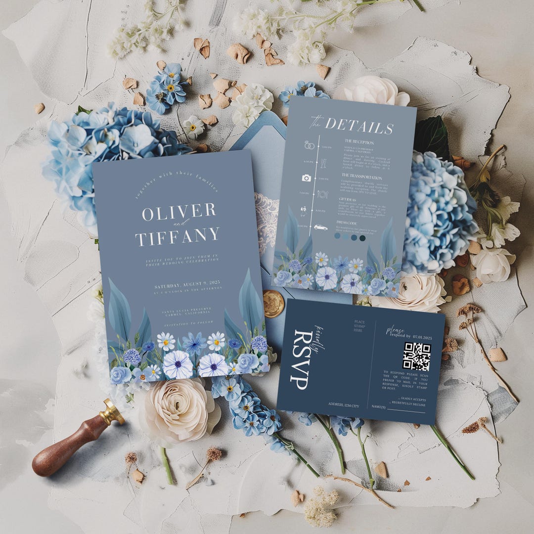 Dusty Blue Wedding Invitation Template Floral Dusty Blue Wedding ...