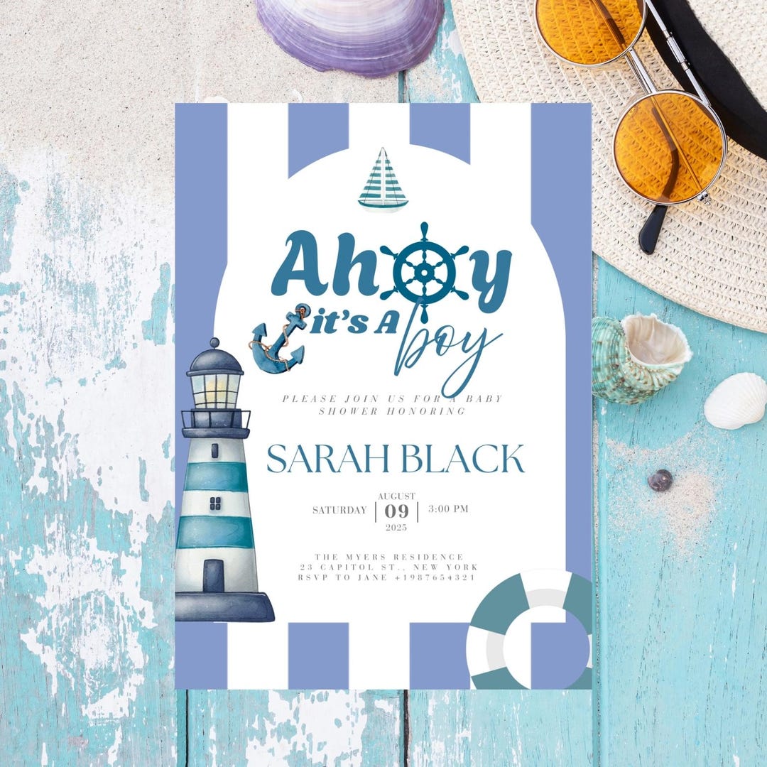 Ahoy It's A Boy Baby Shower Invitation, Editable Nautical Baby Sprinkle ...