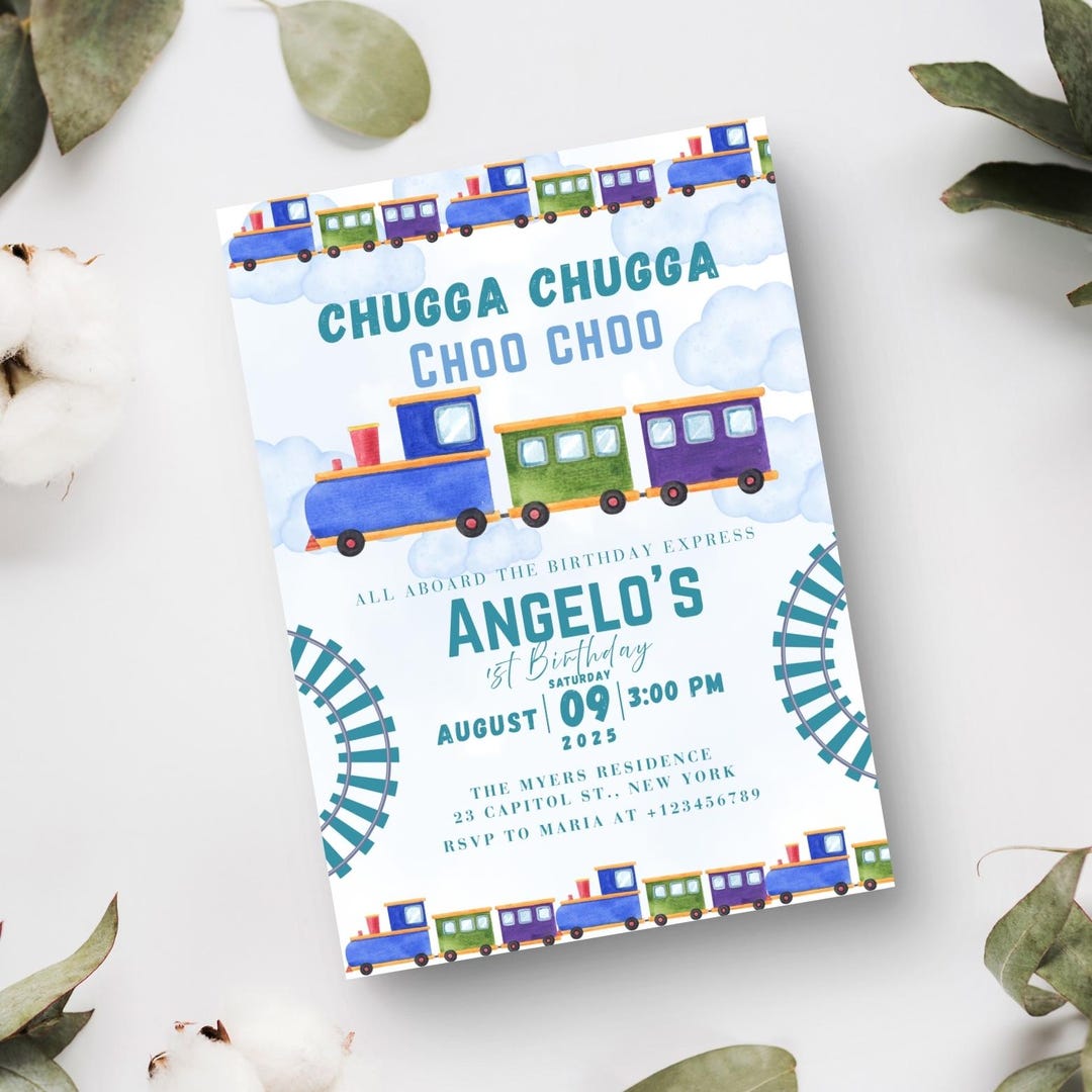 Editable Blue Train Birthday Invitation Template, Toy Train Invitation ...