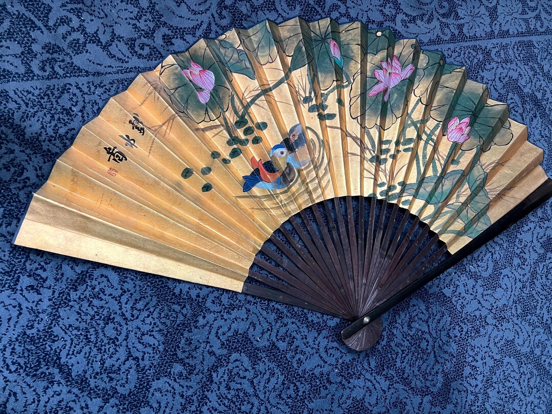 Antique Chinese Wooden Paper Fan Painting Gold Bird Flower Signed ...