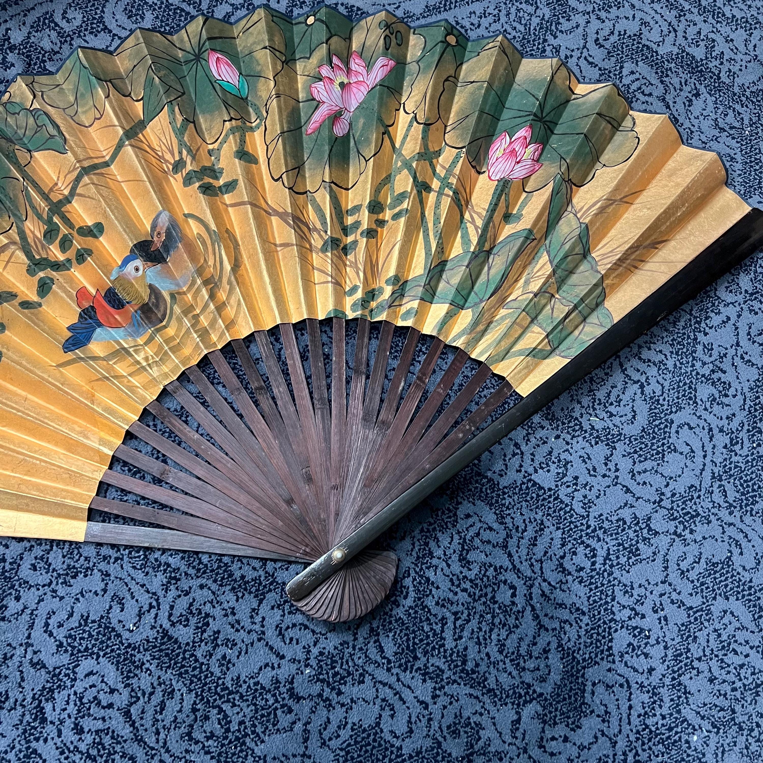 Antique Chinese Wooden Paper Fan Painting Gold Bird Flower Signed ...