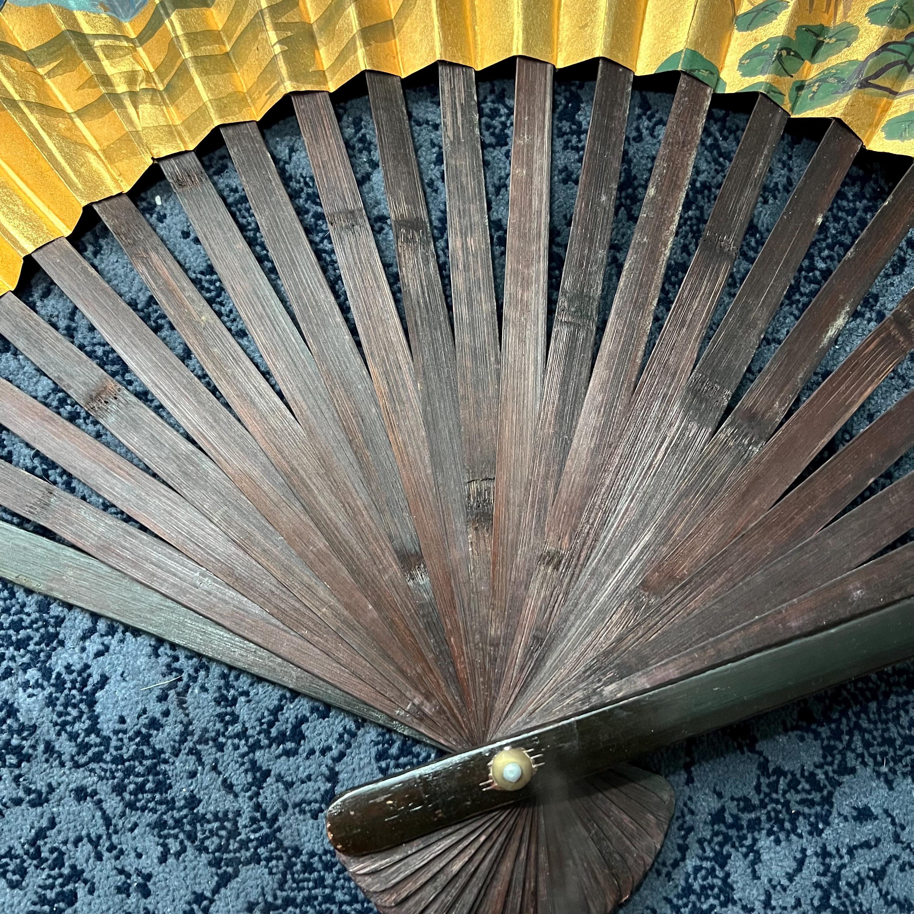 Antique Chinese Wooden Paper Fan Painting Gold Bird Flower Signed ...