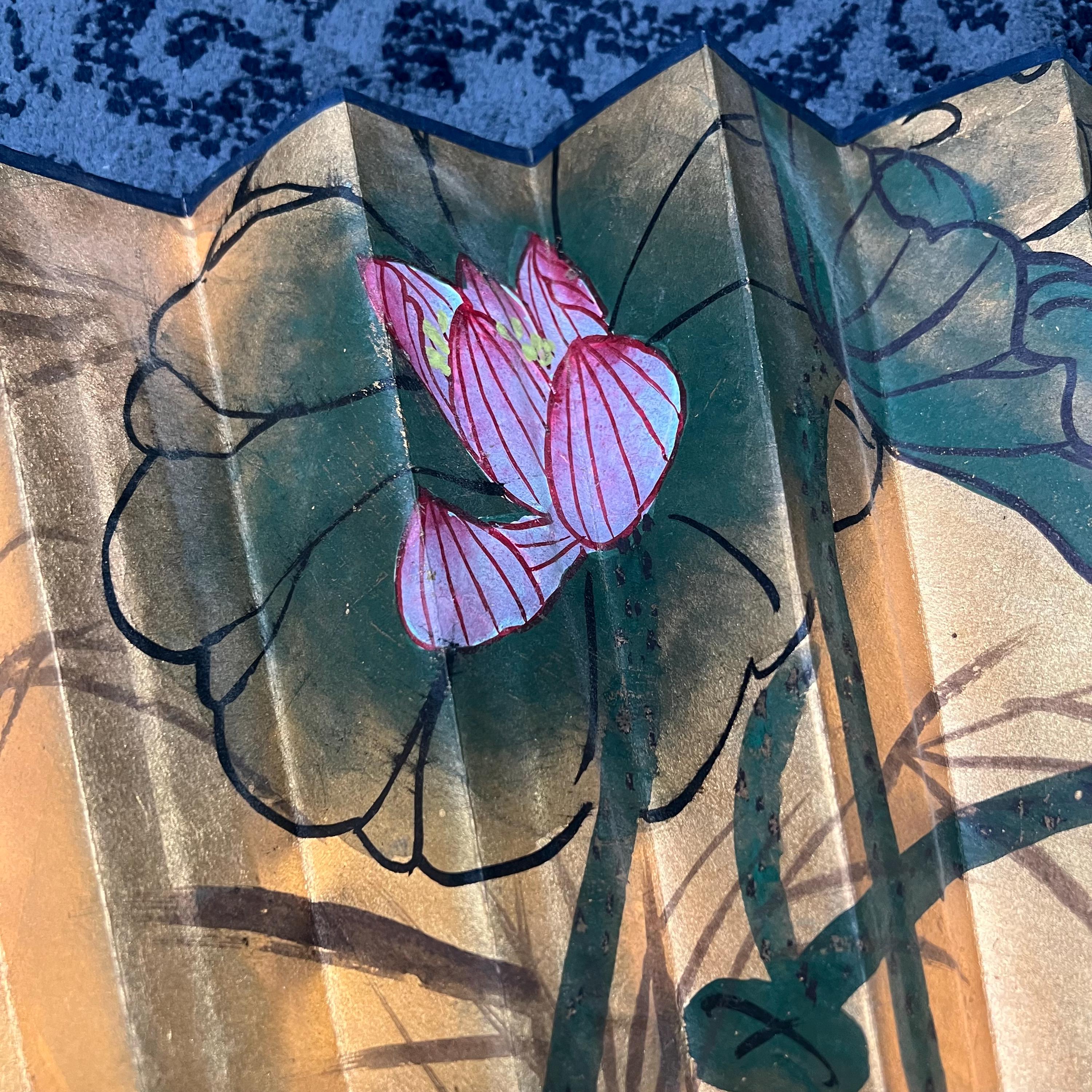 Antique Chinese Wooden Paper Fan Painting Gold Bird Flower Signed ...