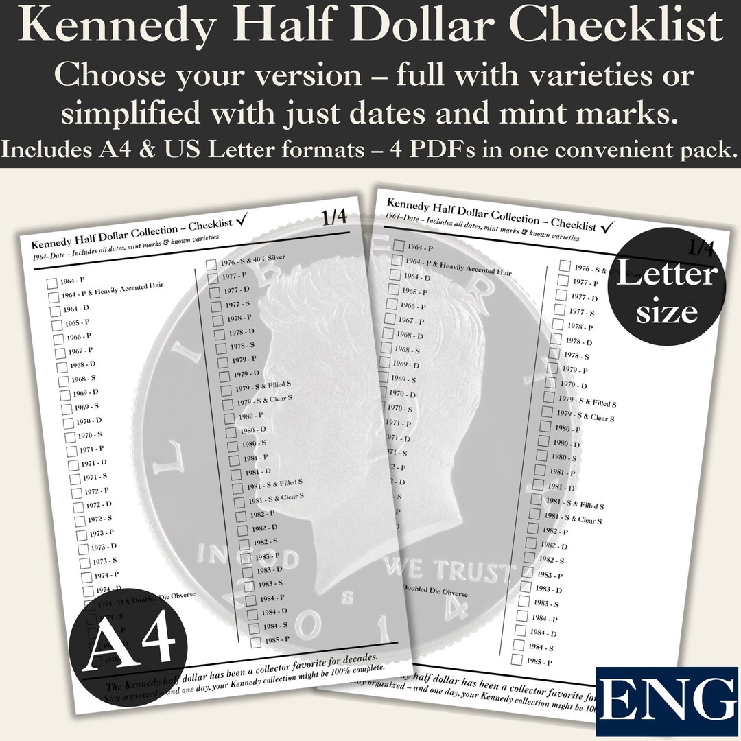 Kennedy Half Dollar Checklist 1964–2025 – Printable Coin Collection ...