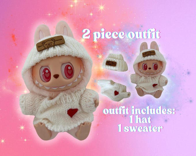 Knitted White Heart Labubu Clothes, 2 Piece Outfit With Hat & Sweater ...