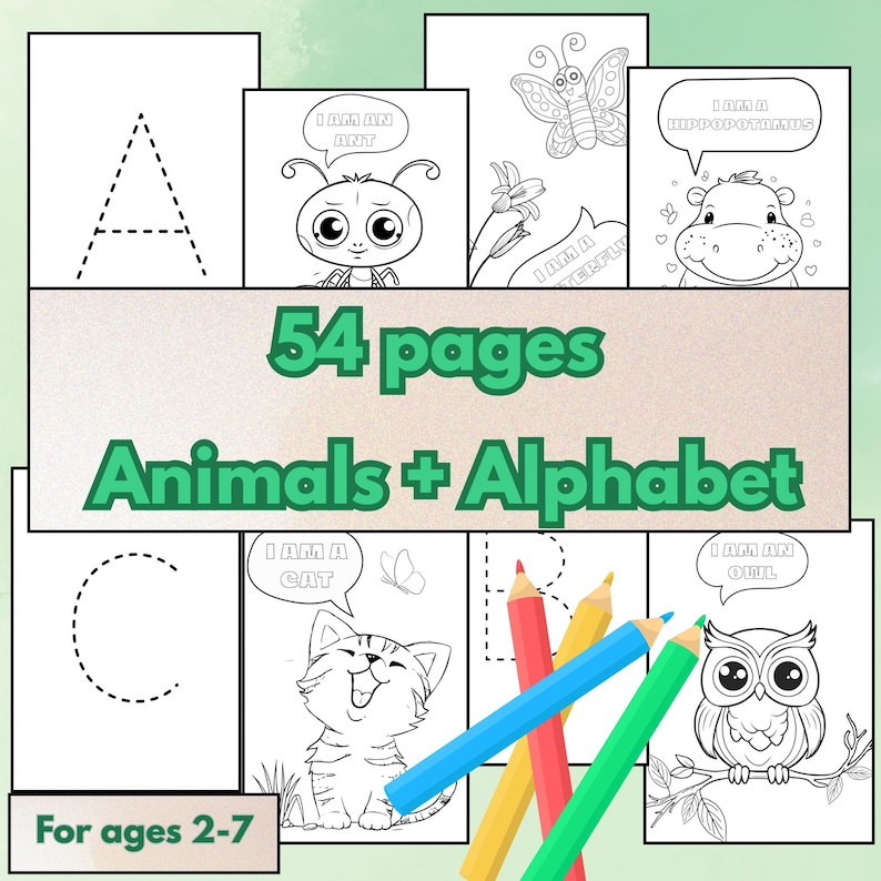 Printable Animal Alphabet Coloring Book- 54 Fun Coloring Pages- Cover ...