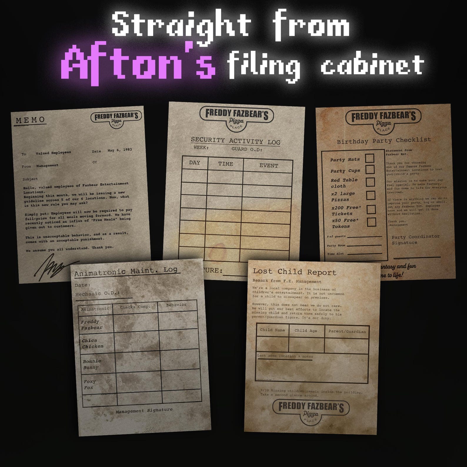 FNAF: Fazbear Document Props | Five Nights at Freddy's Paper Printable ...