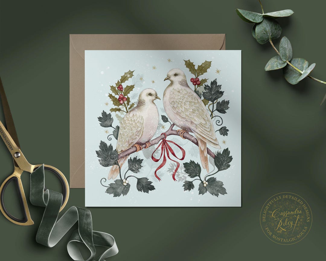 Two Turtle Doves Card - Woodland Christmas - Watercolour Art - Luxury ...
