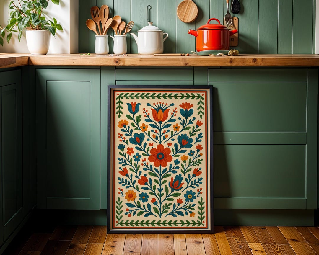 Scandinavian Folk Art Floral Print, Colorful Botanical Wall Art ...