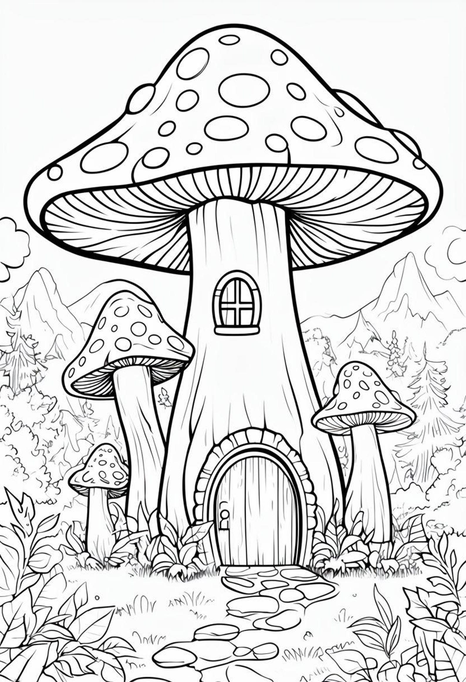 Whimsical Mushroom House Color Page - Etsy