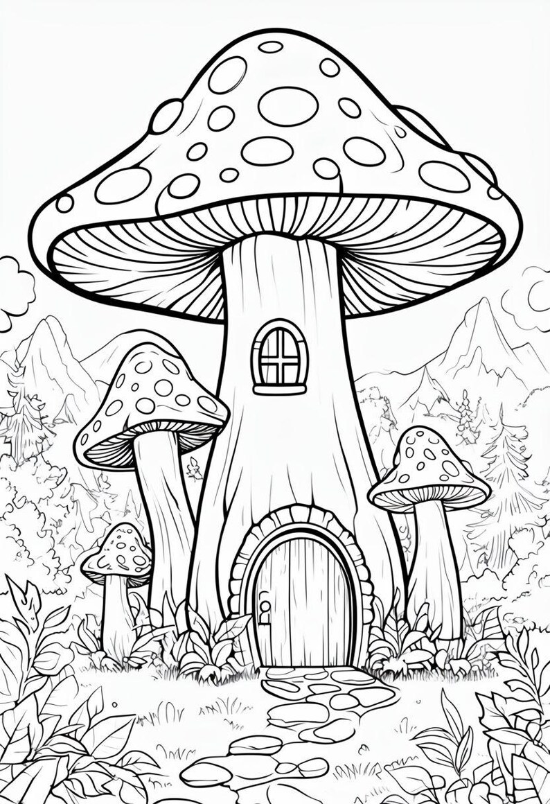 Whimsical Mushroom House Color Page - Etsy