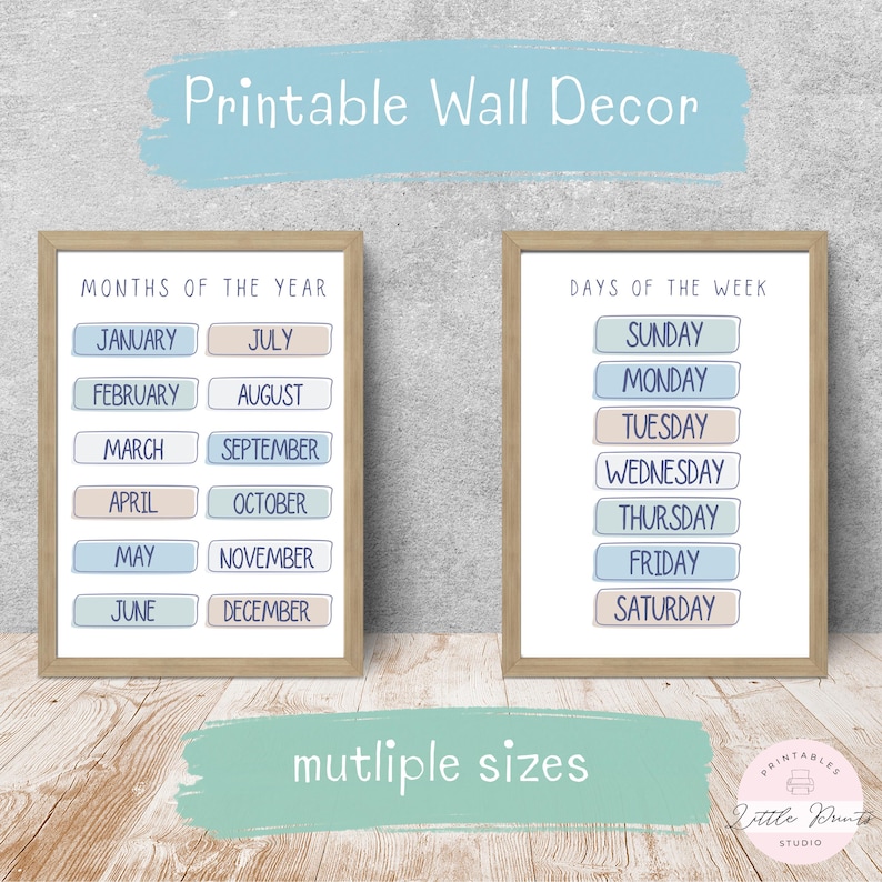 Days of the Week Months of the Year | Printable Nursery Playroom Wall ...