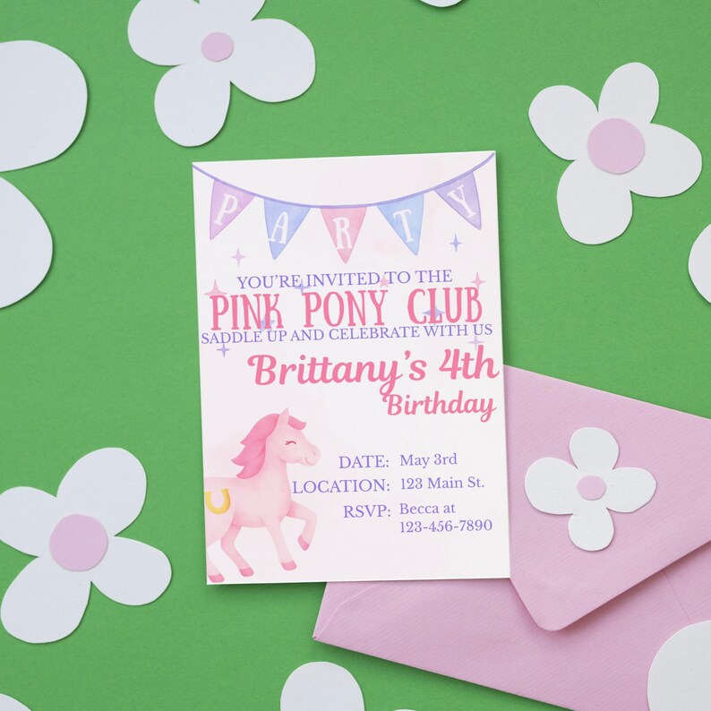 Pink Pony Birthday Invitation: Watercolor Horse, Editable Canva ...