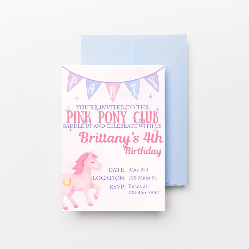 Pink Pony Birthday Invitation: Watercolor Horse, Editable Canva ...