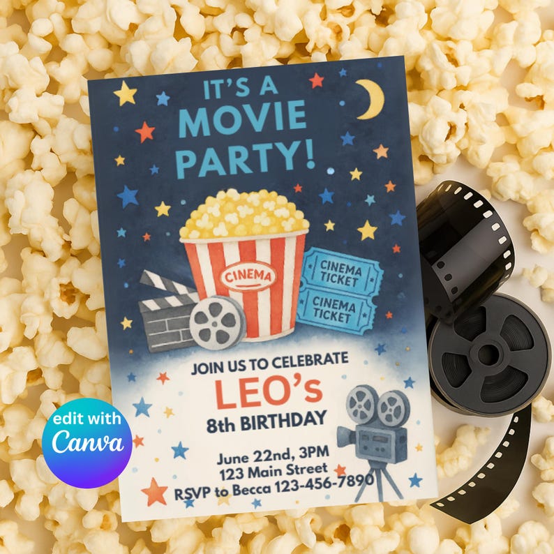 Movie Night Birthday Invitation: Popcorn & Stars Theme (editable Canva ...