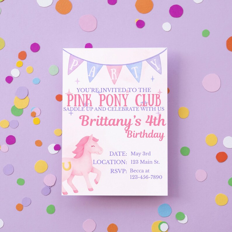 Pink Pony Birthday Invitation: Watercolor Horse, Editable Canva ...