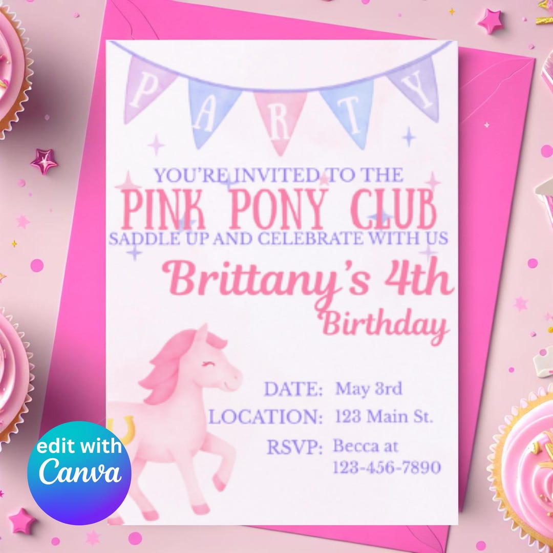 Pink Pony Birthday Invitation: Watercolor Horse, Editable Canva ...