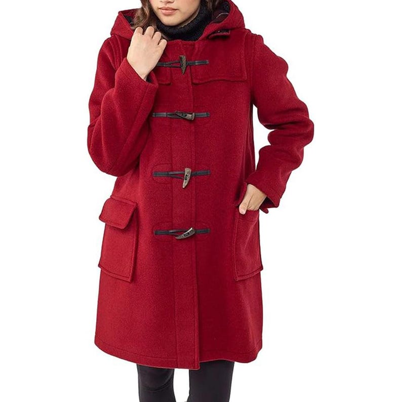 Womens Duffle Coat - Classic Fit Hooded Wool Red Coat With Horn Toggles ...